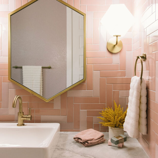 Jen Pinkston: Pink Herringbone Bathroom | Fireclay Tile