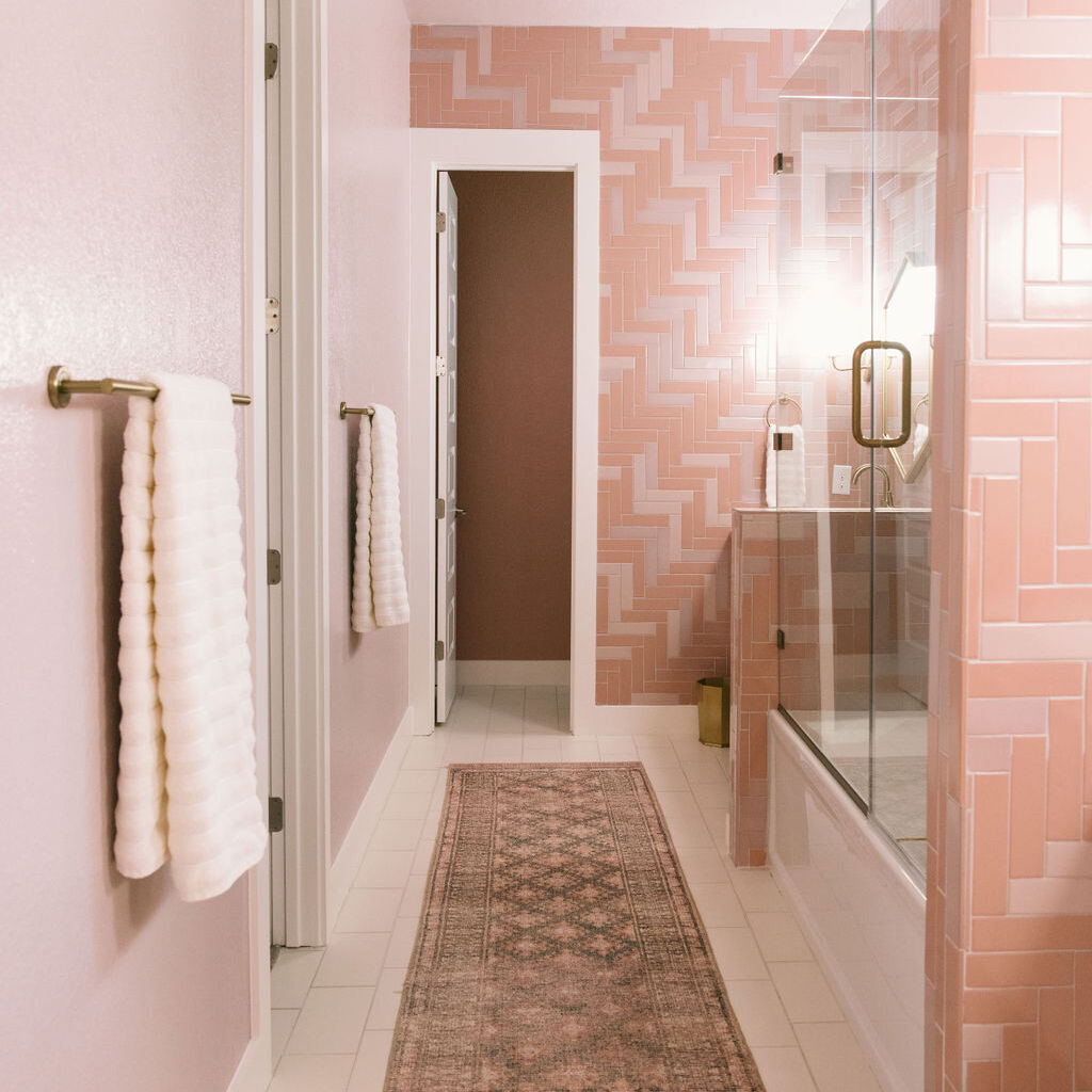 Jen Pinkston: Pink Herringbone Bathroom | Fireclay Tile