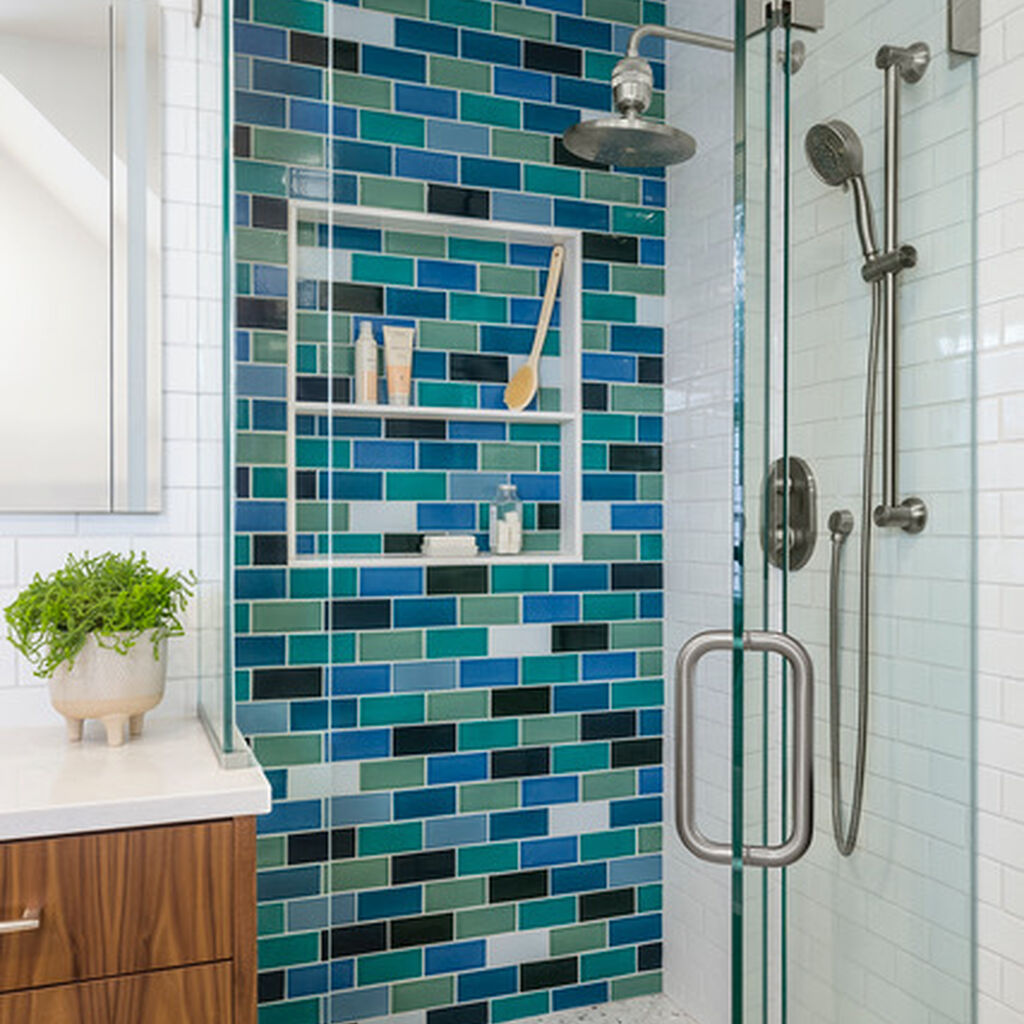 Midcentury Modern White Wash Bathroom With Blue Blend… | Fireclay Tile