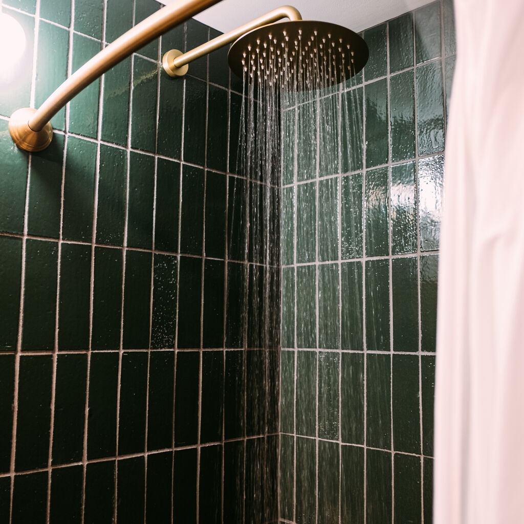 The Vermont A-Frame Green Brick Shower | Fireclay Tile
