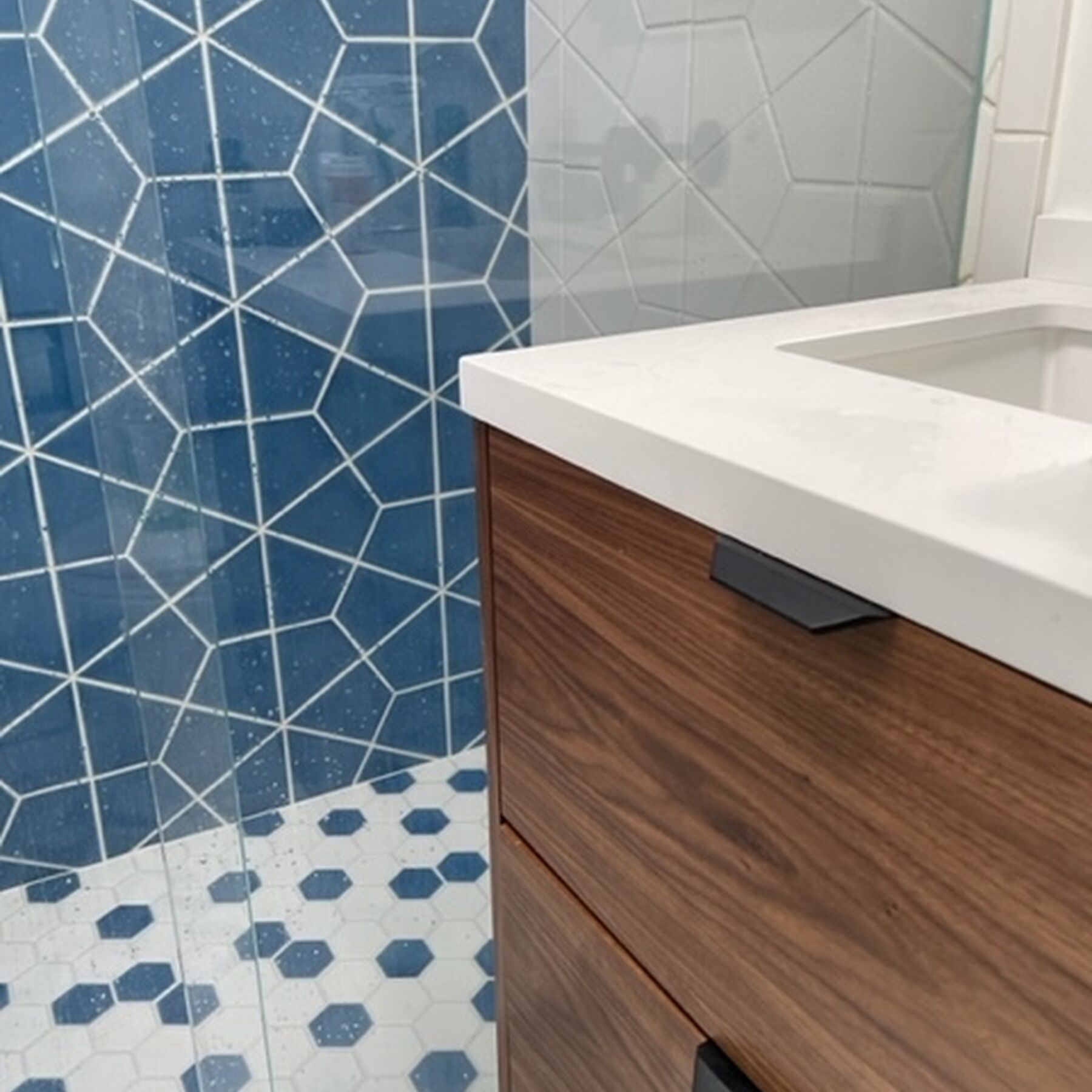 Modern Blue and White Hexite Bathroom | Fireclay Tile