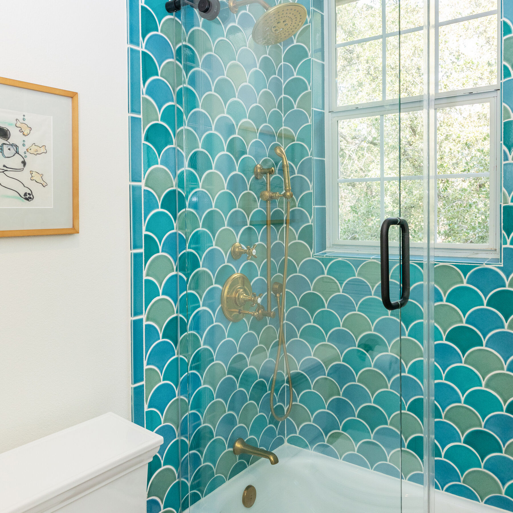 Ogee Drop Blue Blend Kids Bathroom | Fireclay Tile