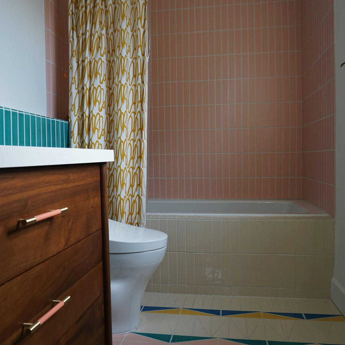 Joy Street Design: Colorful Scalene & 2x8 Bathroom | Fireclay Tile