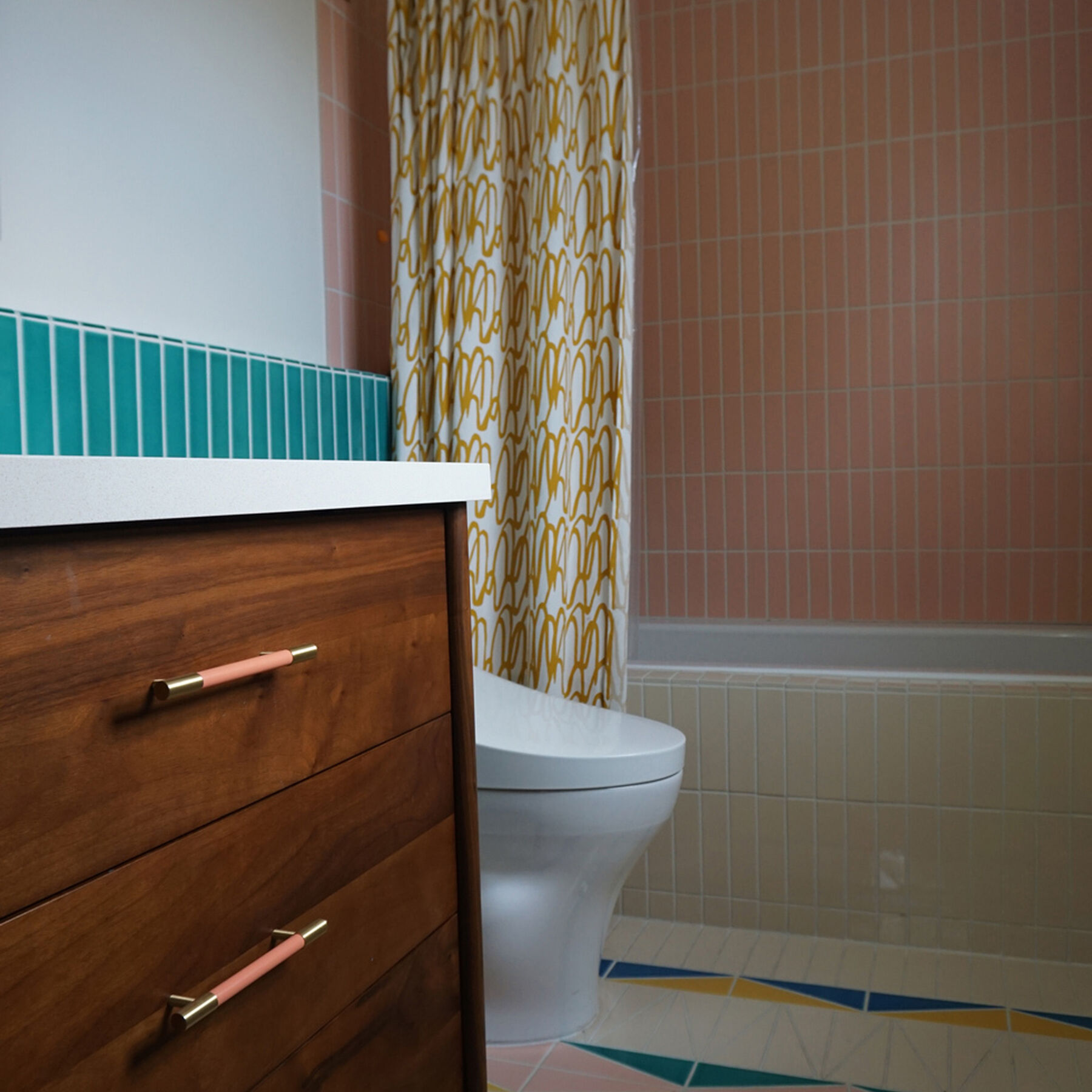 Joy Street Design: Colorful Scalene & 2x8 Bathroom | Fireclay Tile