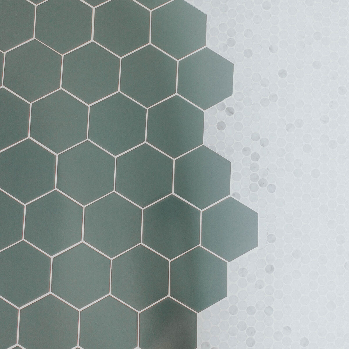 Blue-Green Shower Tile and Hexagon Floor Tile Bathroom | Fireclay Tile