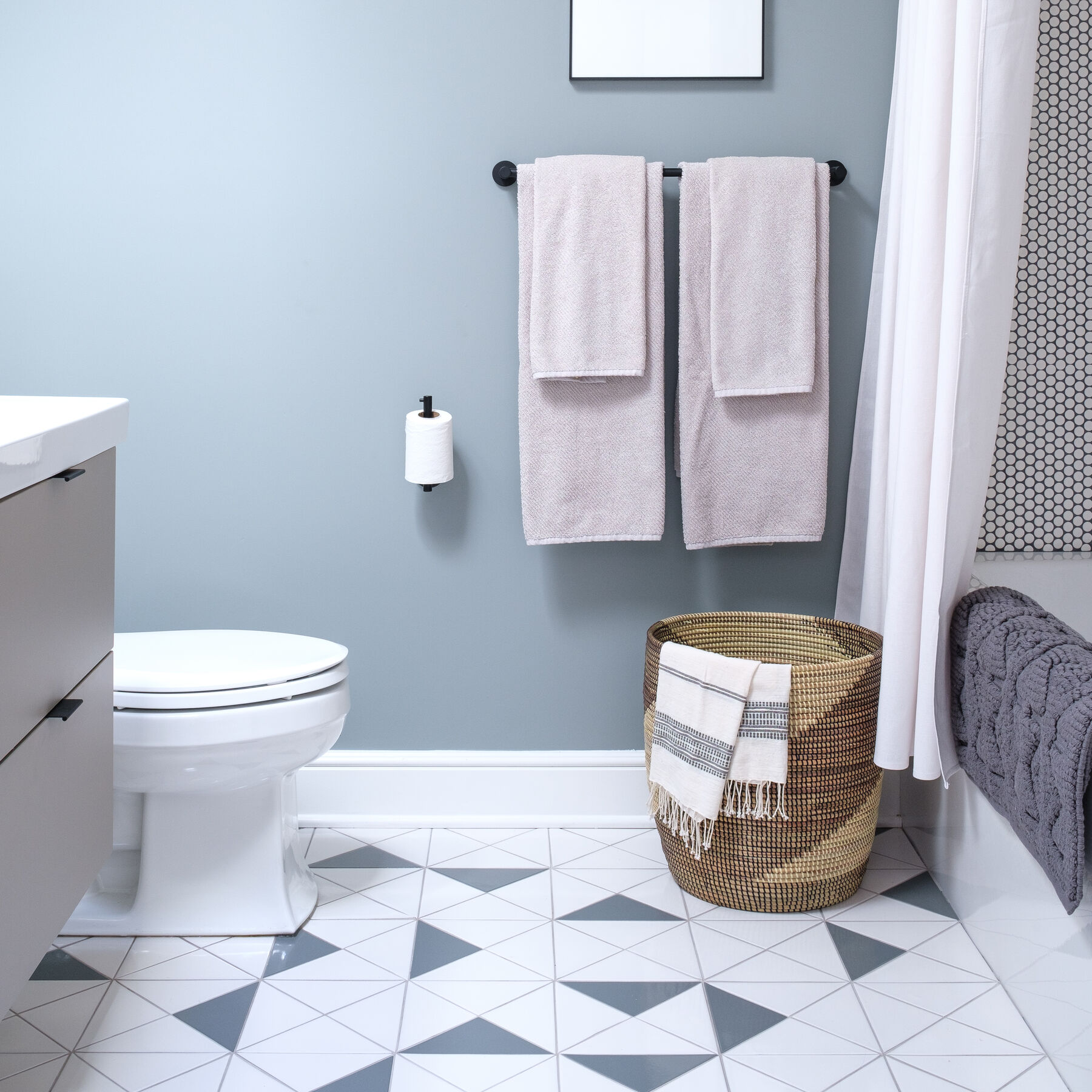 Blue and White Triangle Bathroom Floor | Fireclay Tile