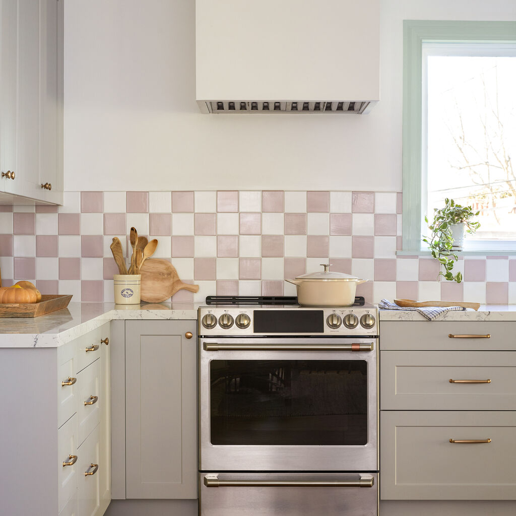 Pink & White Checkered Kitchen Backsplash | Fireclay Tile